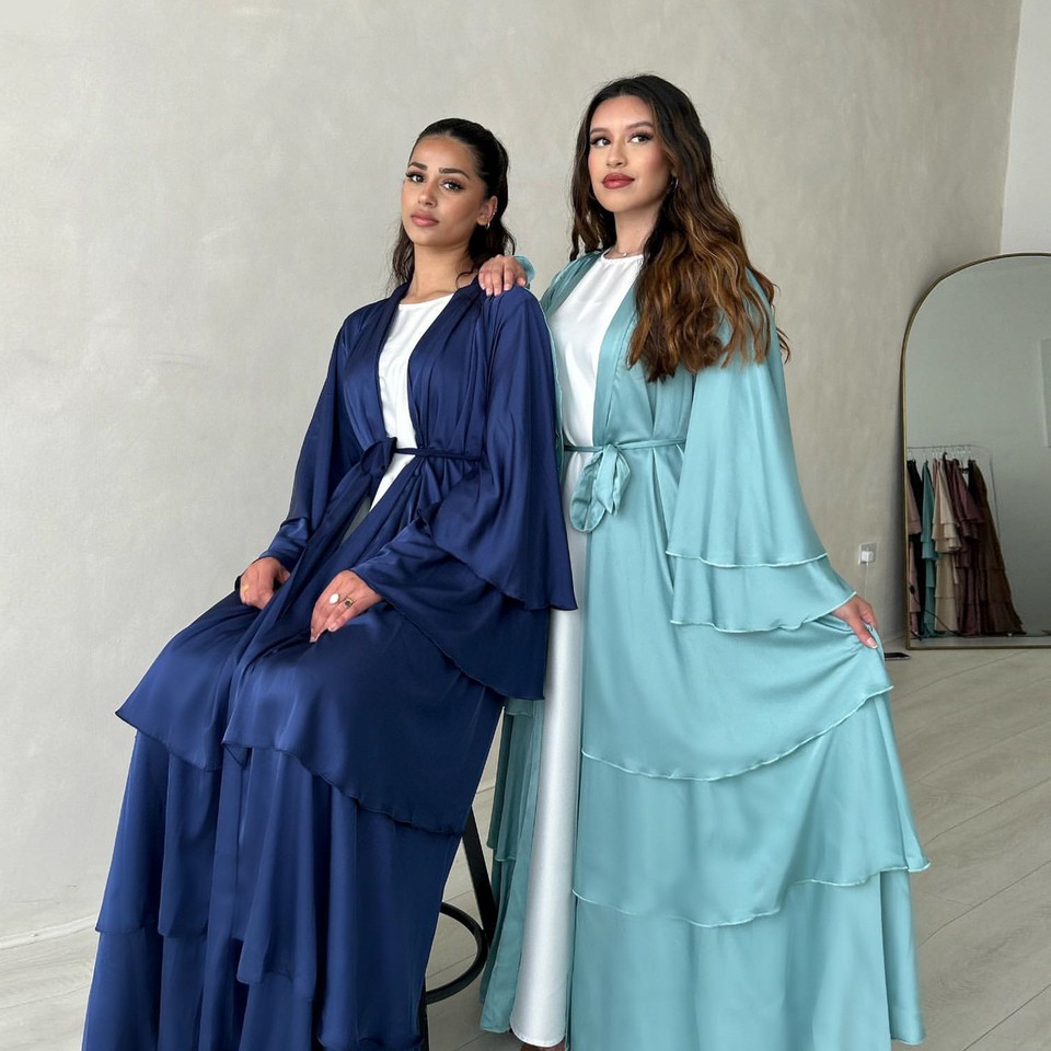 Satin Layered Women Open Dubai Kaftan Muslim Cardigan Long Dress Abaya ...
