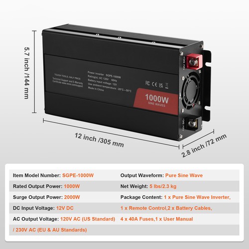 Pure Sine Wave Power Inverter 1000W DC12V to AC120V Remote Control CE ...