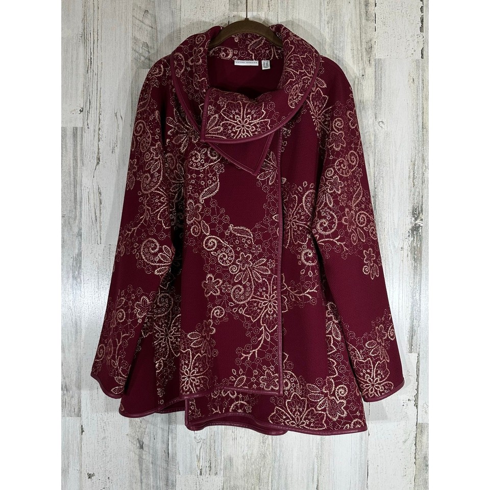 Susan Graver Jacket Size 2X Burgundy Wine Gold Foil Printed Flowers ...