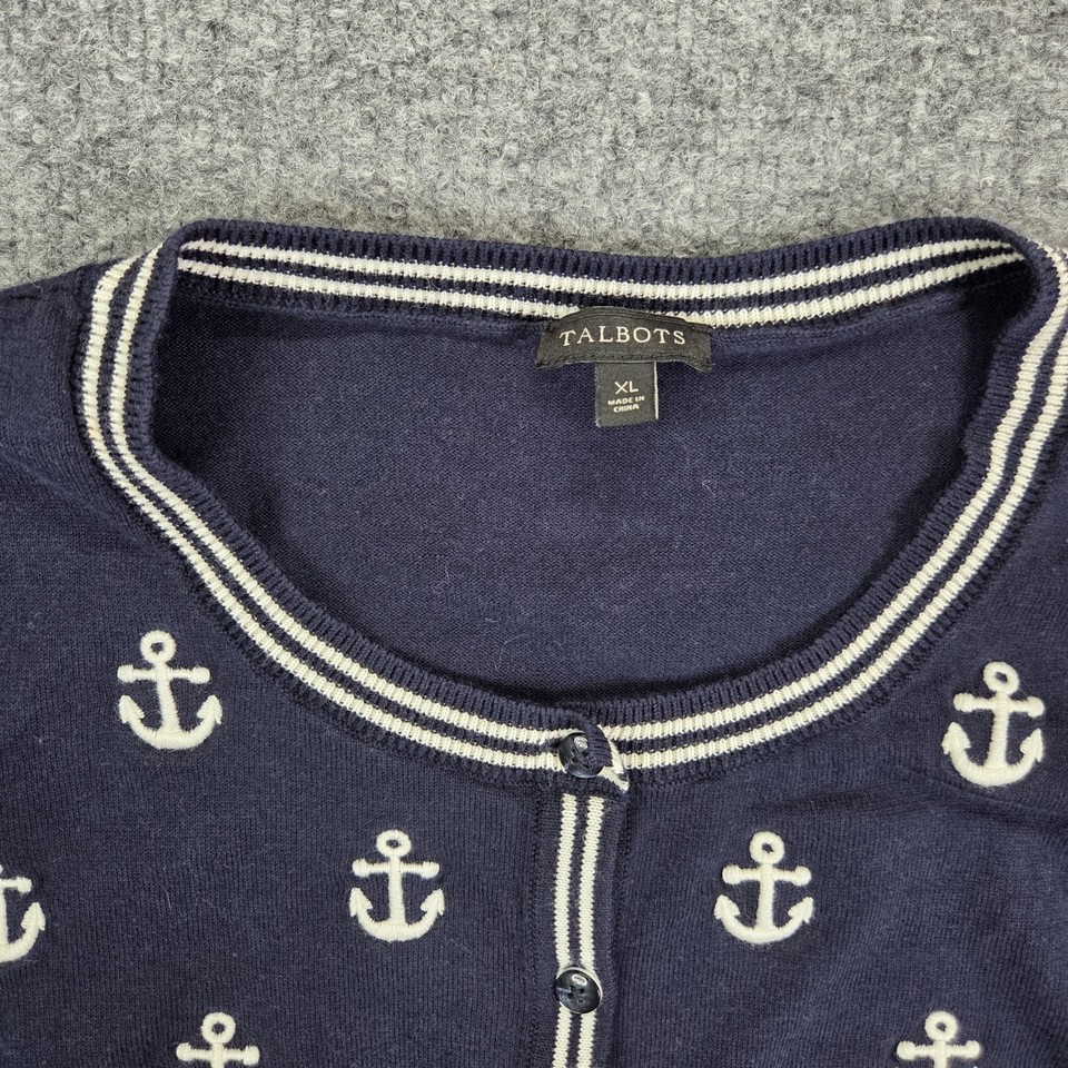Talbots Sweater Womens XL Navy Anchor Cardigan Nautical Cotton Button ...