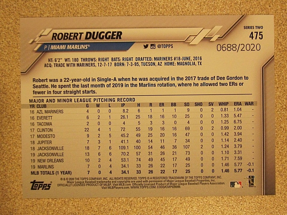 2020 TOPPS SERIES 2 #475 ROBERT DUGGER GOLD BORDER MIAMI MARLINS ROOKIE ...