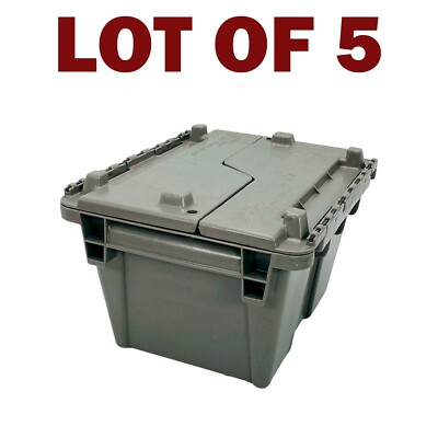 LOT OF 5 Orbis Plastic Tote Crate Attached Lid Flip Top 70 Lb Load ...