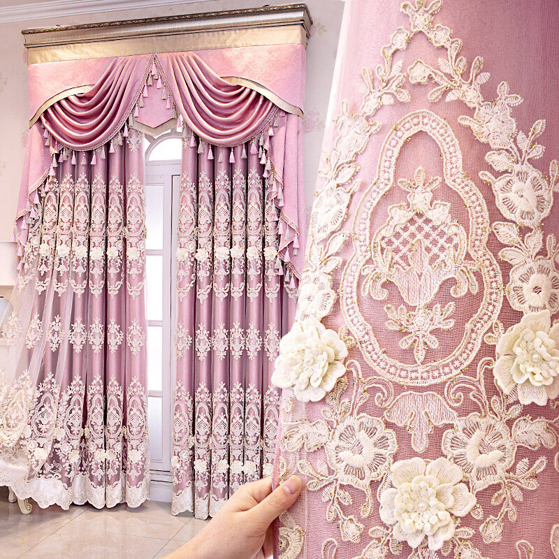 European luxury embroidery pink cloth blackout curtain tulle valance ...