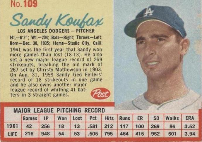 1962 Post - Sandy Koufax #109 red grid for sale online | eBay