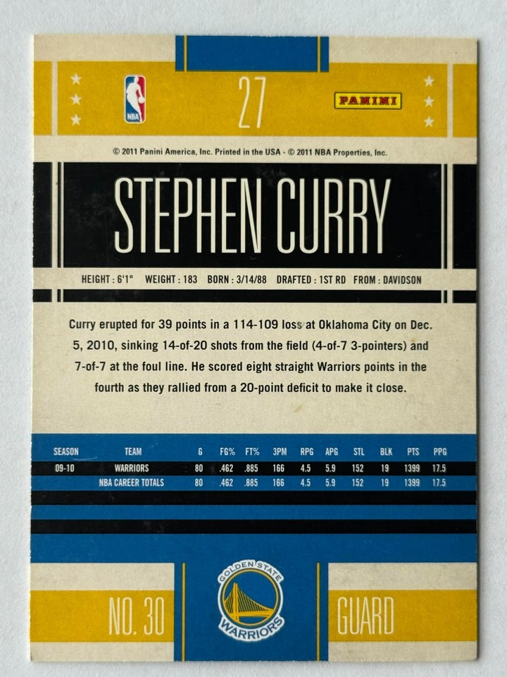 2010-11 Panini NBA Classics - STEPHEN CURRY no.27 Golden State Warriors ...
