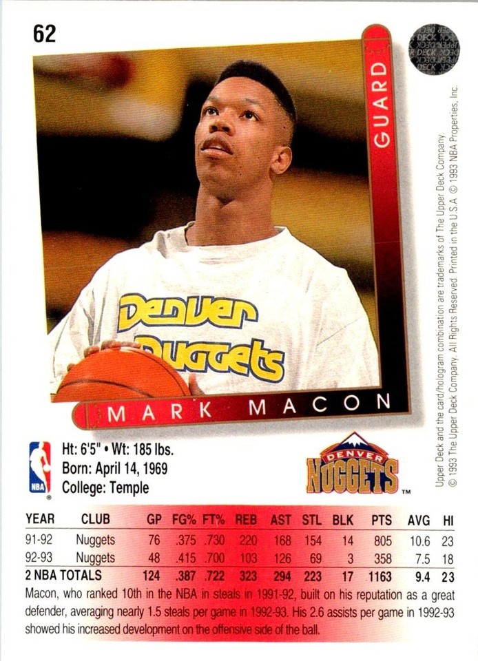 1993 Upper Deck Mark Macon #62 Denver Nuggets Basketball Card | eBay