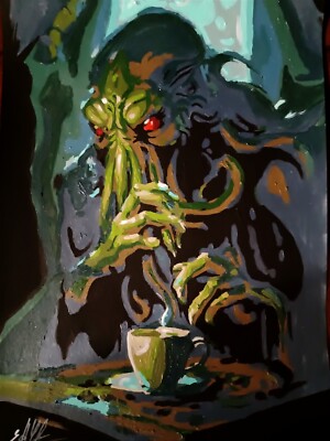 Acrylic miniature portrait of Cthulhu drinking tea, handmade | eBay