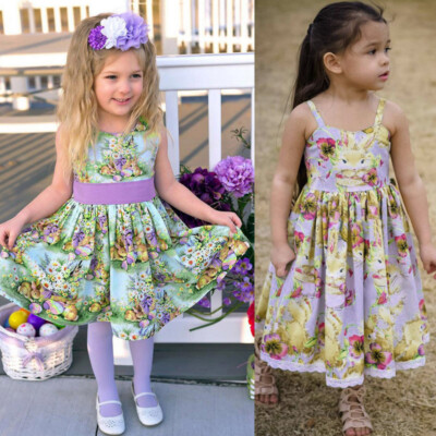 Kids Easter Princess Party Dress Rabbit/Floral Printed Sleeveless ...