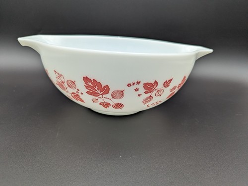 Vintage Pyrex 443 Mixing Bowl Pink Gooseberry Print White Milk Glass 2. ...