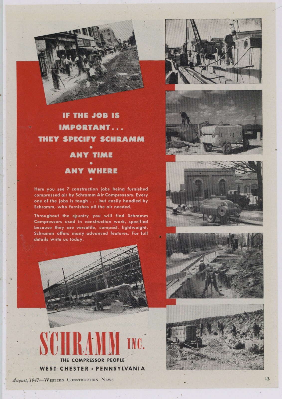 1947 Schramm Air Compressors Ad: Any Time, Any Where West Chester ...
