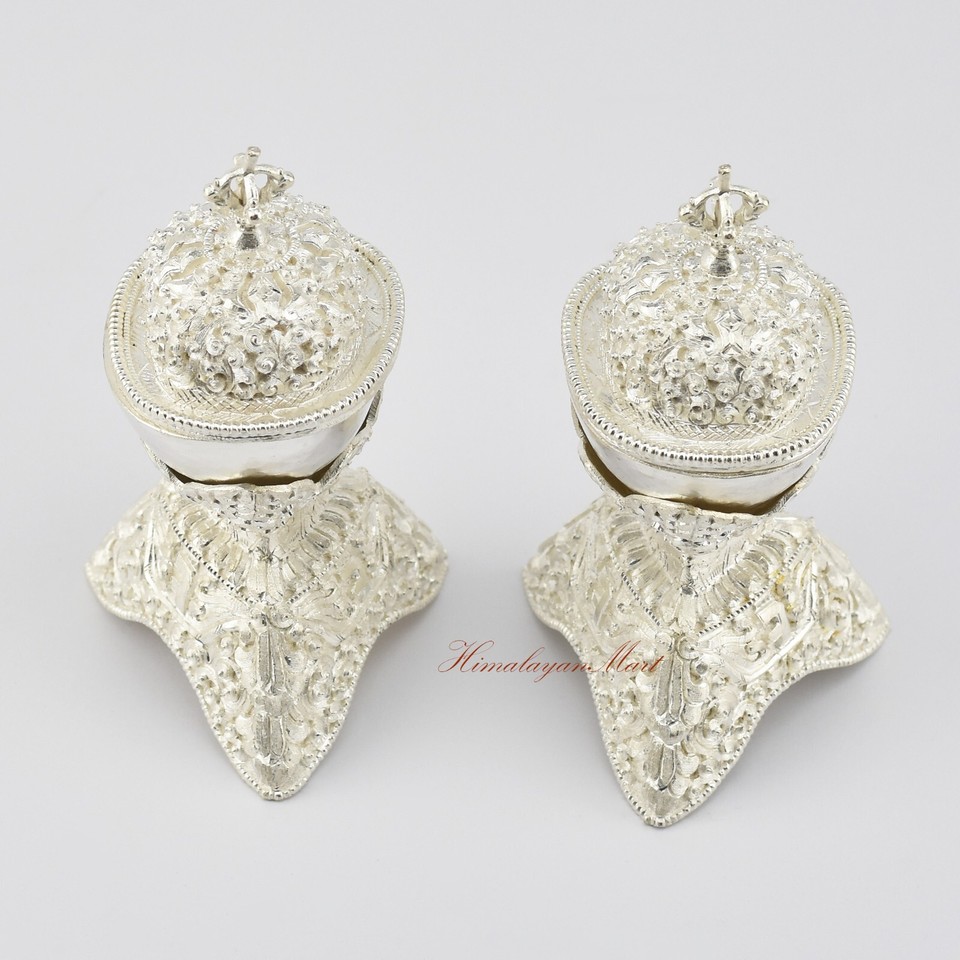 Fine Quality Hand Carved Silver-Plated Tibetan Ritual Kapala Set Patan ...