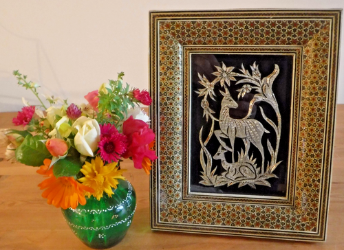 PERSIAN SILVER & COPPER PICTURE DEER 10"/26cm X 8"/21cm KHATAM KARI ...