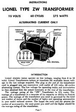 Large Print Instructions Manual for Lionel ZW 275 Watt Transformer ...