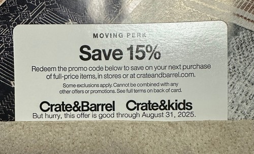 Crate & Barrel 15% Off Coupon Promo Code Expires 08/31/25 Full Priced ...
