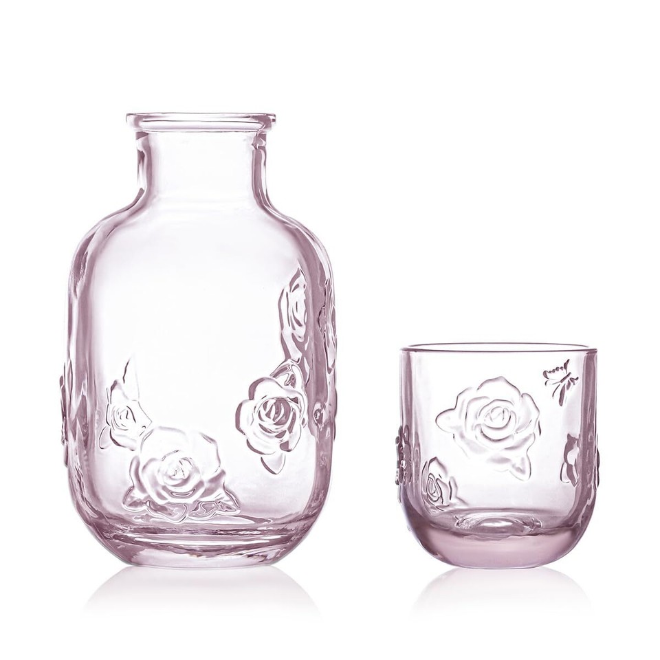 15 Oz Rose Embossed Pink Glass Bedside Night Water Carafe With Tumbler ...