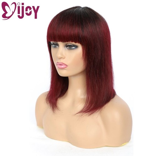 Ombre 99J Short Bob Brazilian 100% Human Hair Daily Wigs With Bangs ...