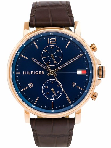 Tommy Hilfiger Brown Leather Strap Multifunction Blue Dial Men's Watch ...