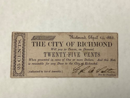 ~1862 City of Richmond 25 Cents Civil War Confederate Banknote | eBay