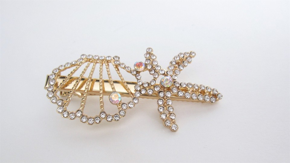 Gold starfish shell metal crystal alligator hair pin clip barrette | eBay