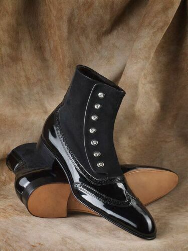 Handmade Black Patent Leather & Suede Ankle High Buttoned Boots for Men ...
