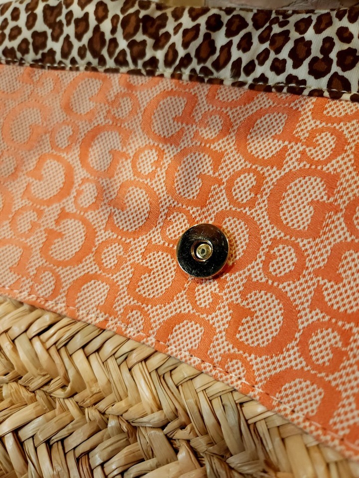 Guess | Woven Straw Monogram Canvas Leopard Print Top Handle Tote Bag ...