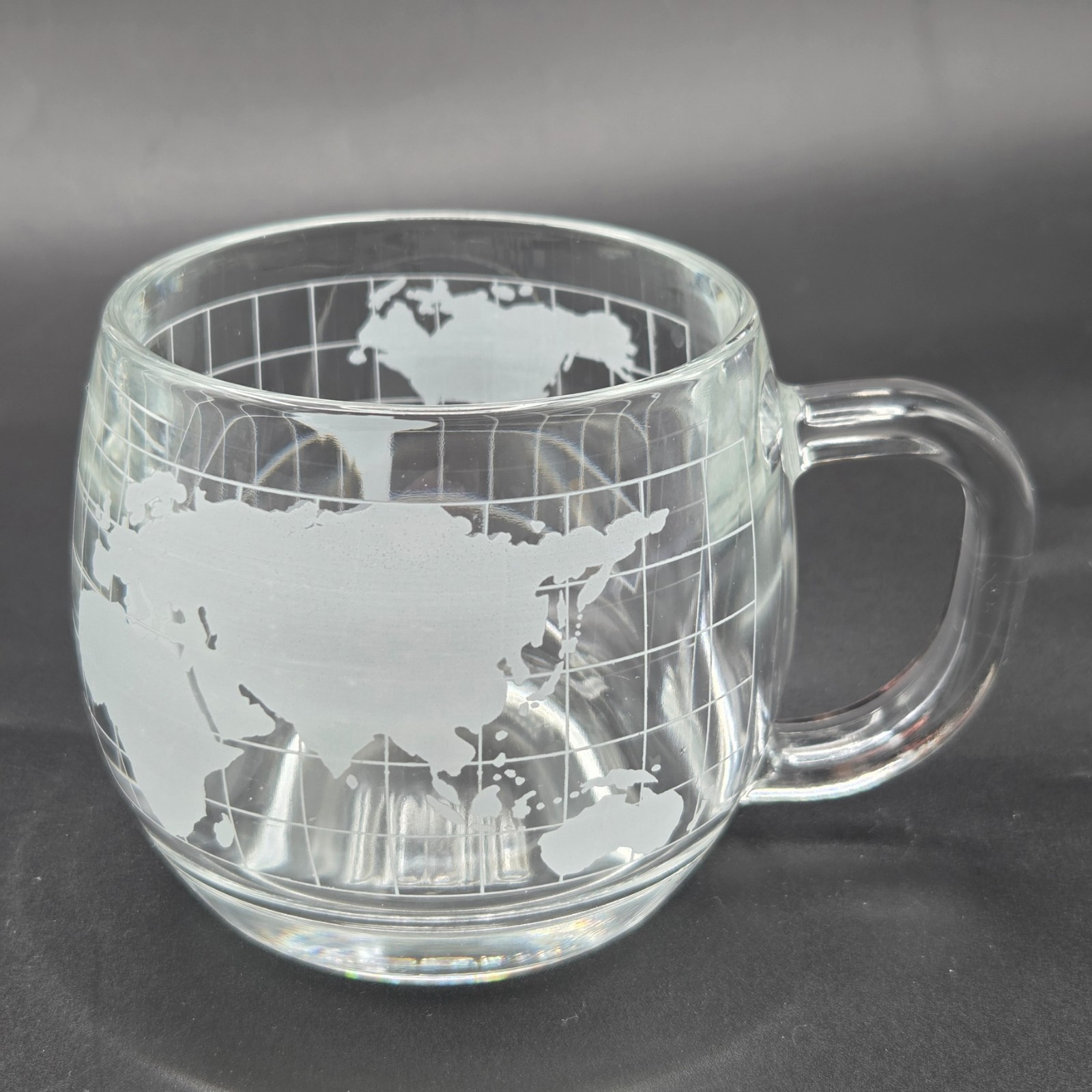 Vintage Nestle Etched Clear Glass World Globe Map COFFEE MUGS - Set Of 3