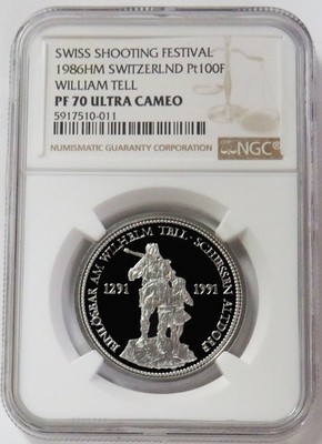 1986 PLATINUM SWITZERLAND 1oz WILLIAM TELL SHOOTING THALER NGC PF 70 UC ...