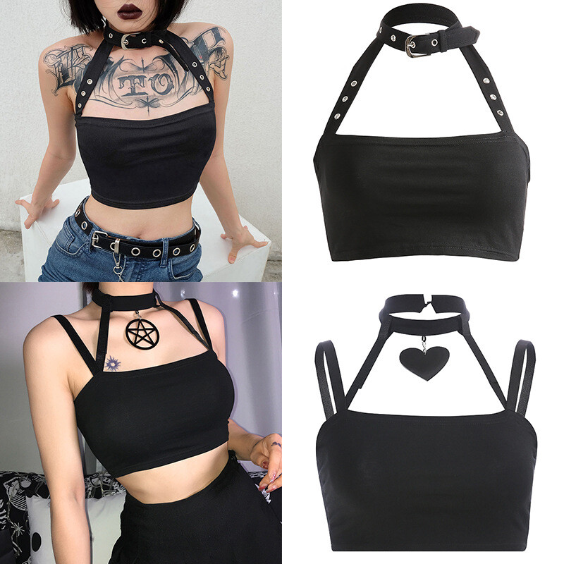 Women Gothic Fishnet Camisole Halter Neck Choker Crop Top Punk Cocktail ...