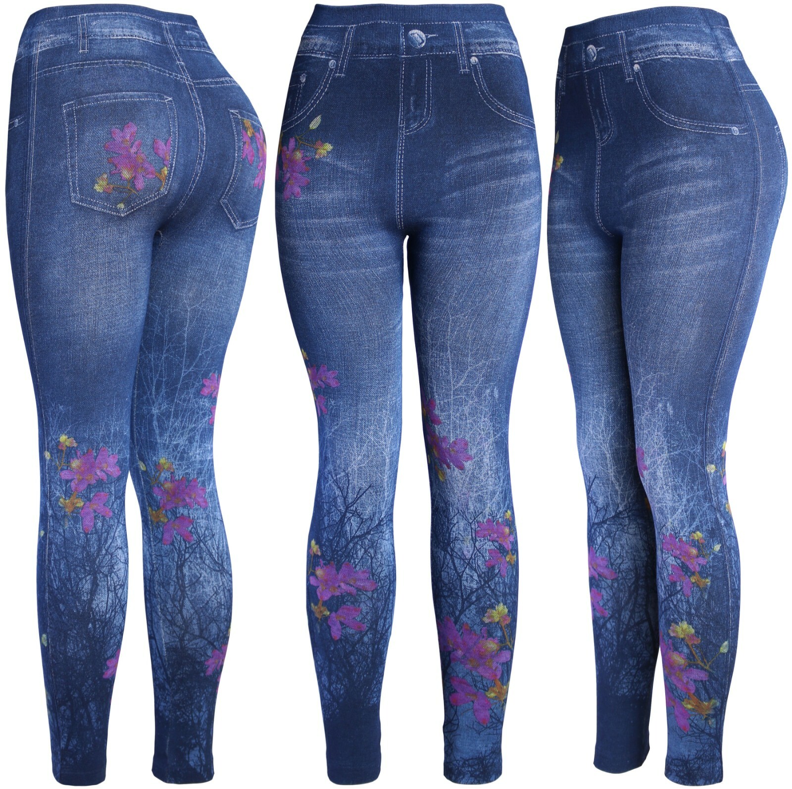 High Waist Women's Denim Print Fake Faux Jeans Leggings Pants | eBay