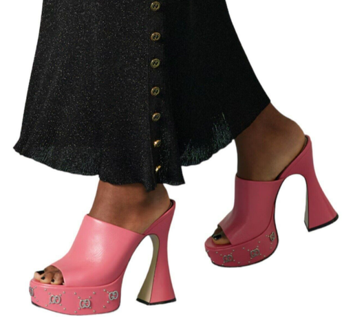 Gucci Platform Slide Sandals Leather GG Studs Rhodamine Pink Women Size ...