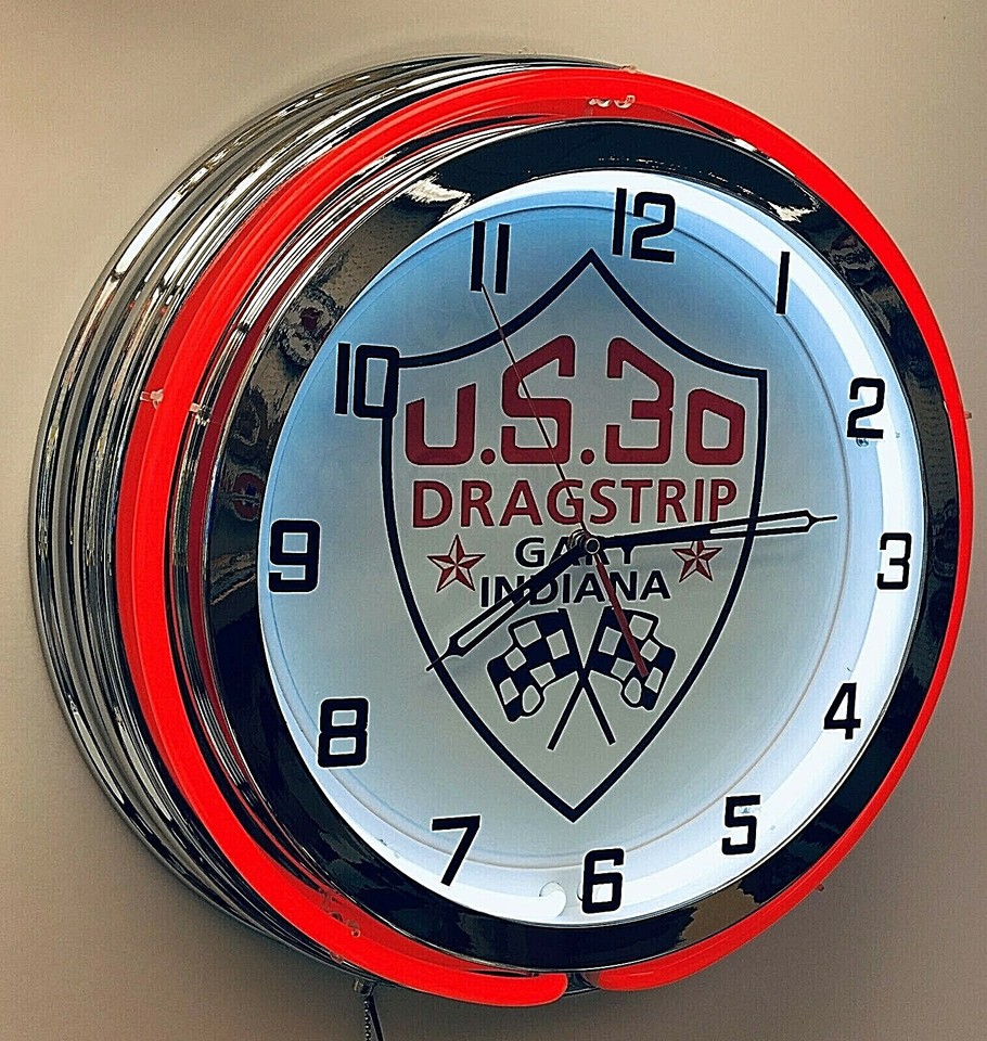 19" US30 Dragstrip Gary Indiana Sign Double Neon Clock Red Neon US 30 ...