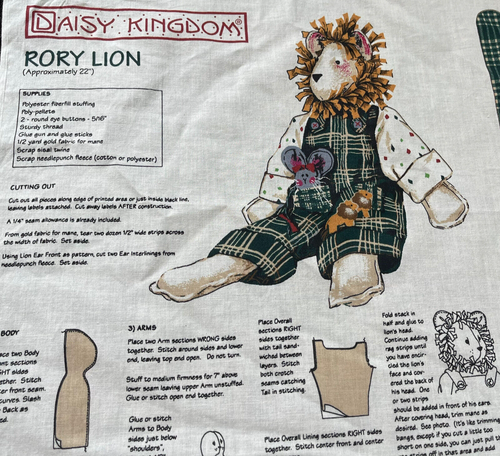Vintage 1998 DAISY KINGDOM Rory Lion Stuffed Lion CUT AND SEW PANEL 22 ...