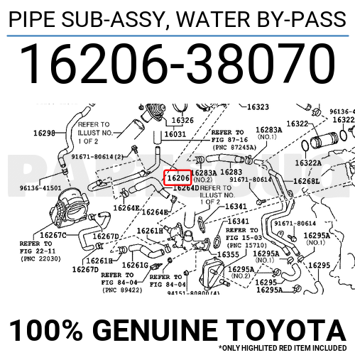 1620638070 Genuine Toyota PIPE SUB-ASSY, WATER BY-PASS 16206-38070 | eBay