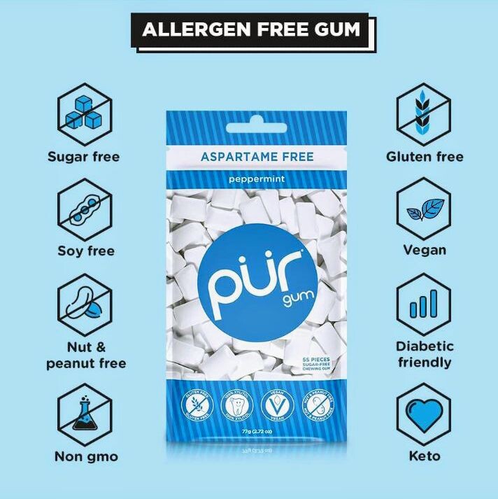 PUR Xylitol Chewing Gum PEPPERMINT (55 Pieces) Sugarless Vegan Pure ...