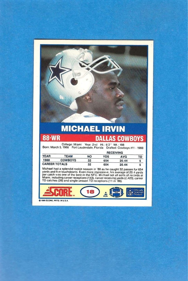 1989 Score #18 Michael Irvin RC Rookie Card Near Mint or better | eBay
