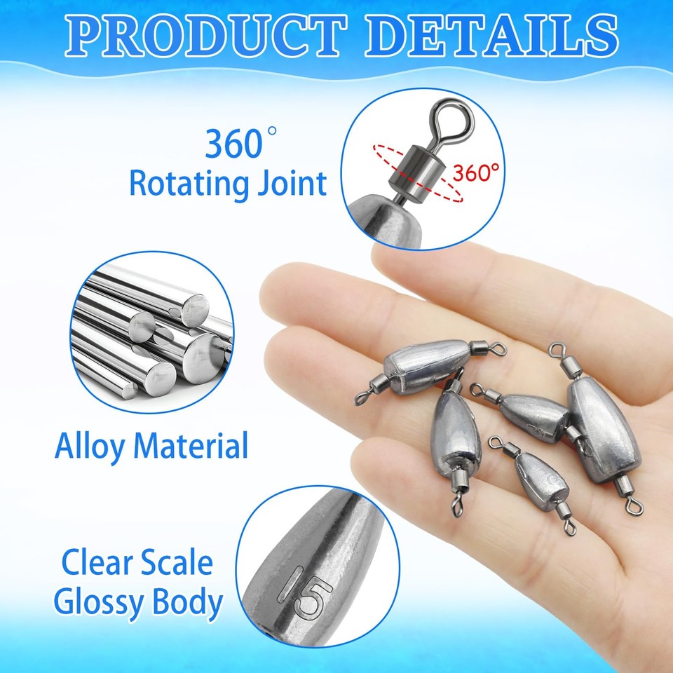 15Pcs Fishing Weights Sinkers Inline Trolling Bullet with Inner Swivels ...
