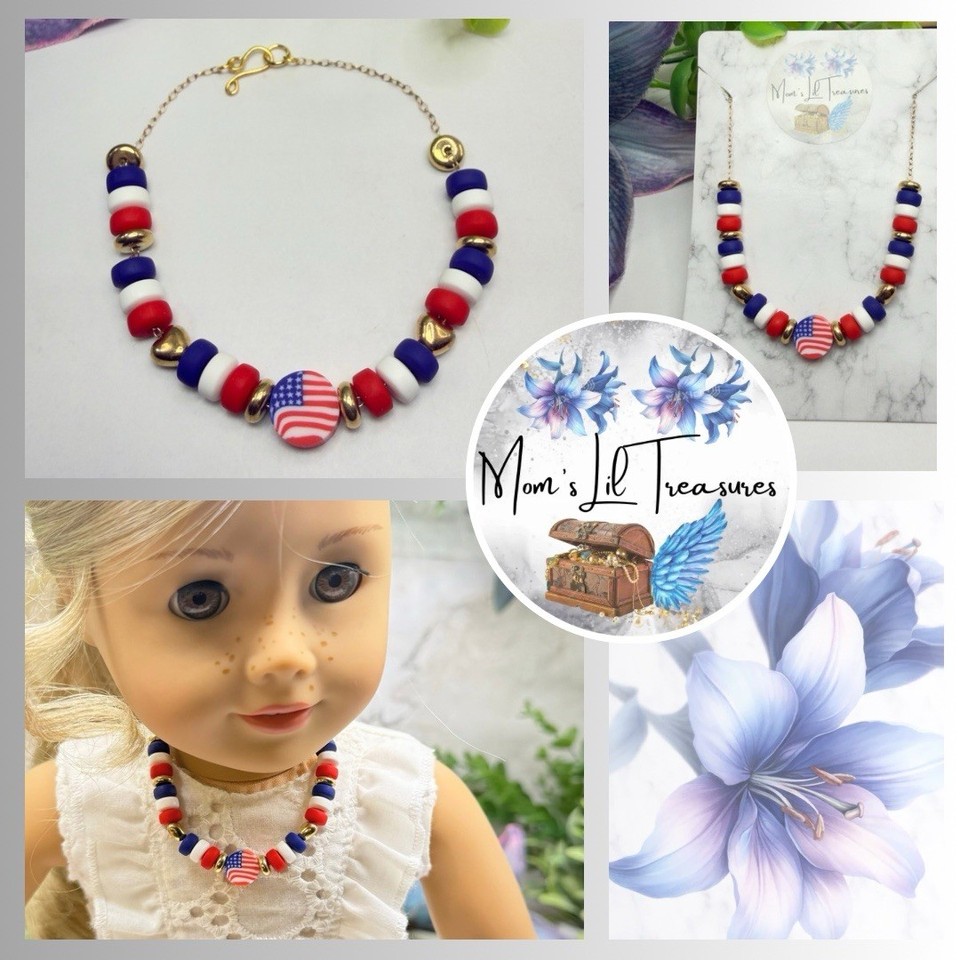 Red White Blue Beaded American Flag Charm Doll Necklace For 18 Inch ...