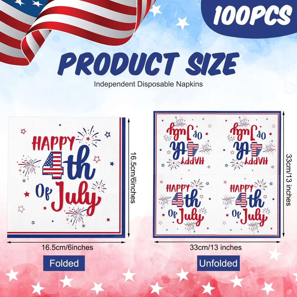 Sabary 100 Pieces 4th of July Napkins 3 Ply Patriotic Disposable ...