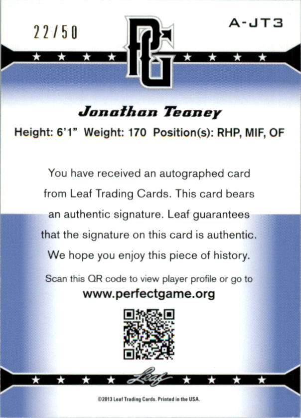 2013 Leaf Perfect Game Autographs Yellow #JT3 Jonathan Teaney Auto /50 ...