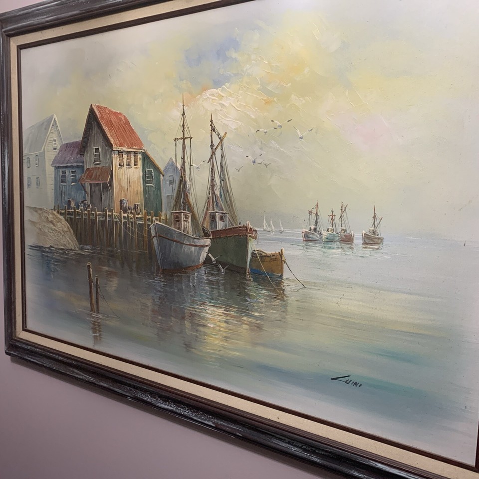 Vintage John Luini Fishing Boats At Dock Oil On Canvas Framed 36x24” | eBay