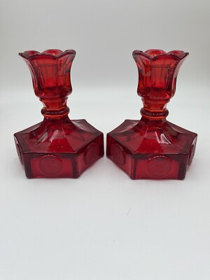 Vintage Fostoria Ruby Red Coin Glass - 4 3/4" - Candlestick Holders Set Of 2 | eBay