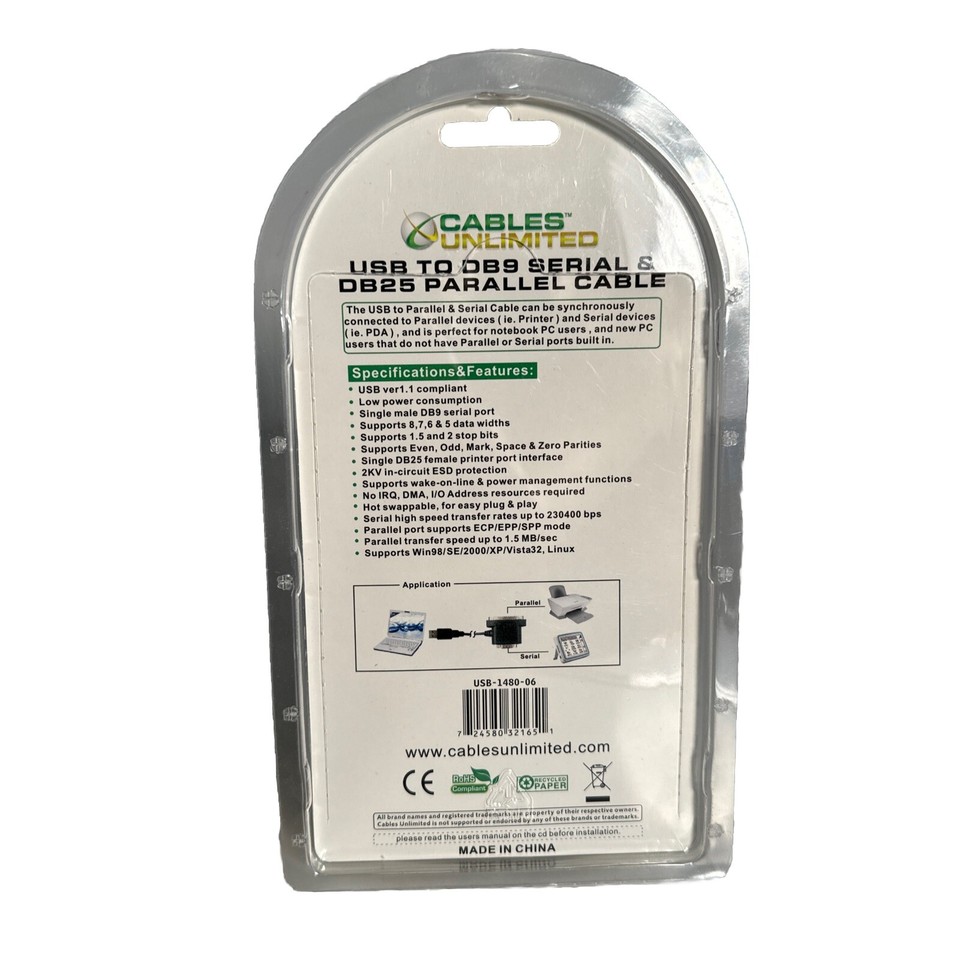 CABLES Unlimited USB to DB9 & DB25 Parallel Cable, USB148006 “Sealed ...