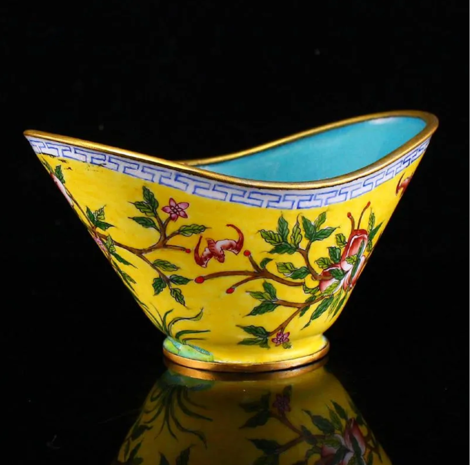 Chinese Gilt Edge Bronze Enamel Wine Cup w Peach, Bat | eBay