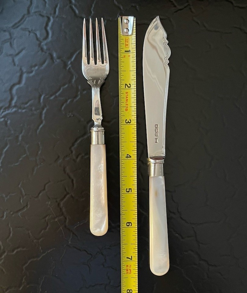 Rare Set 12 English Sterling Silver Mother Pearl Fish Knife Fork 7.5/6. ...