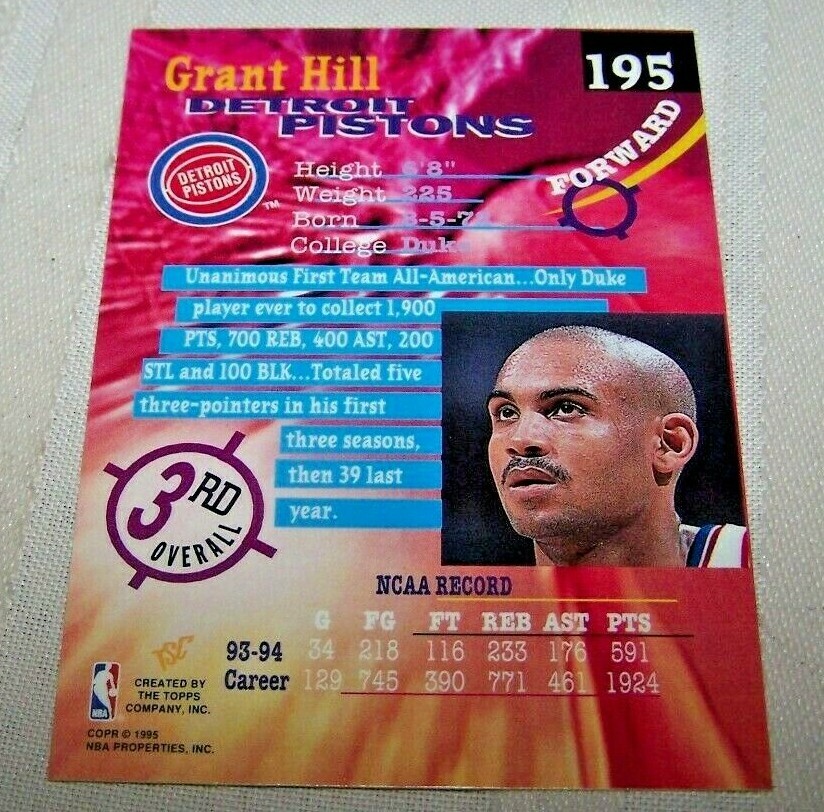 1994 95 TOPPS STADIUM CLUB #195 GRANT HILL ROOKIE CARD DETROIT PISTONS ...