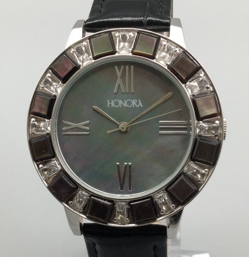 Honora Watch Women Silver Tone MOP Dial Black Leather Band New Battery ...