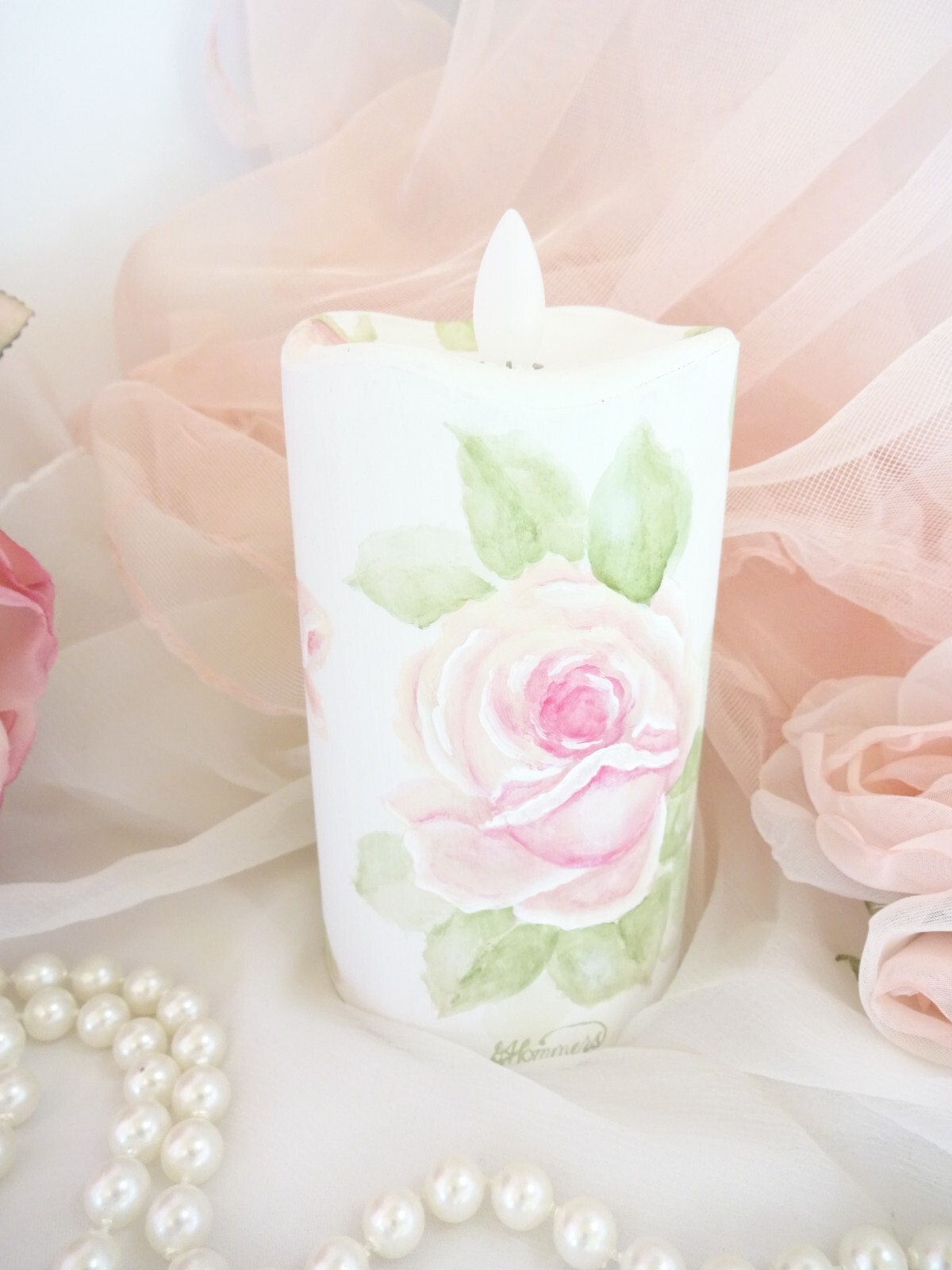 PINK ROSES BO TIMER PILLAR CANDLE Hand Painted DAS hp chic shabby ...