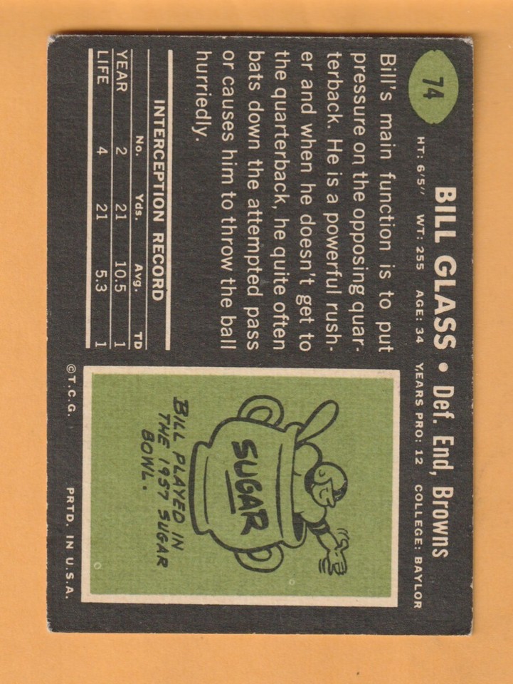 Bill Glass Cleveland Browns 1969 Topps #74 Baylor Bears Corpus Christi ...