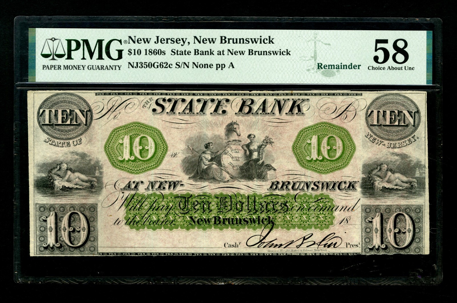 1860s $10 State Bank Of New Brunswick, NJ Obsolete Note Remainder PMG ...