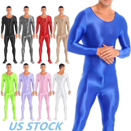 Men's Oil Glossy Full Bodysuit Long Sleeve One Piece Unitard Jumpsuit ...